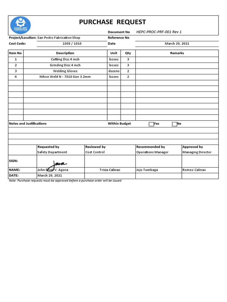Purchase Request: Document No Project/Location: Reference No Cost Code ...