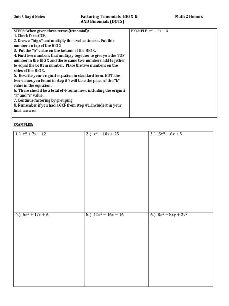 Unit 3 Day 6 Notes BLANK - Factoring Trinomials & DOTS | PDF | Teaching ...