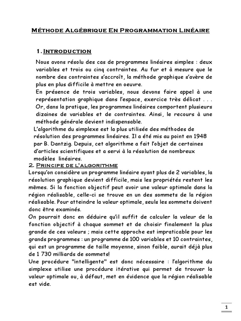 Méthode Algébrique en Programmation Linéaire | PDF | Optimisation ...