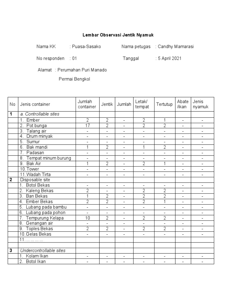 Lembar Observasi Jentik Nyamuk (Candhy Mamarasi) | PDF