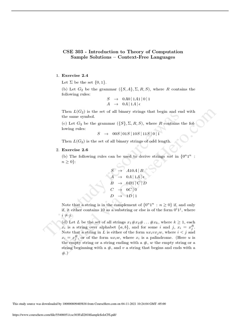 This Study Resource Was: CSE 303 - Introduction To Theory of Computation Sample Solutions ...