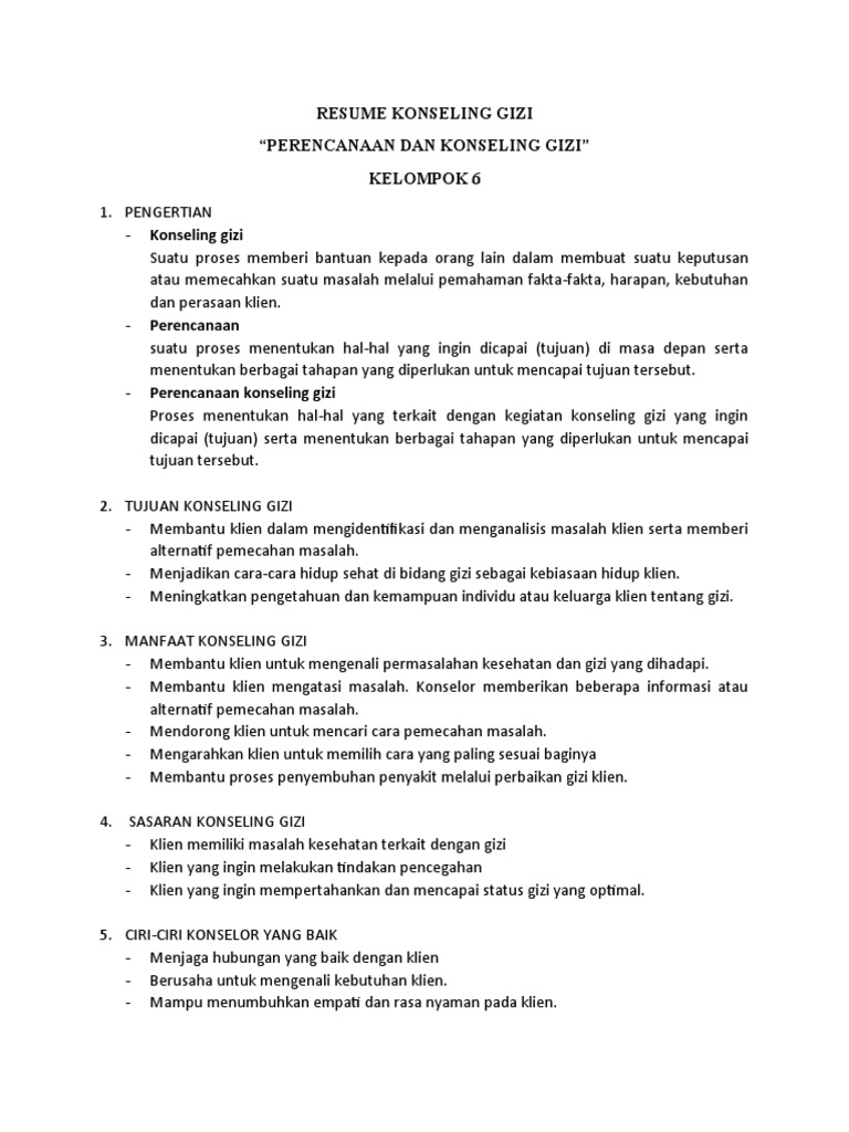 KEL 6 - Resume Konseling Gizi (Perencanaan Dan Konseling Gizi) | PDF