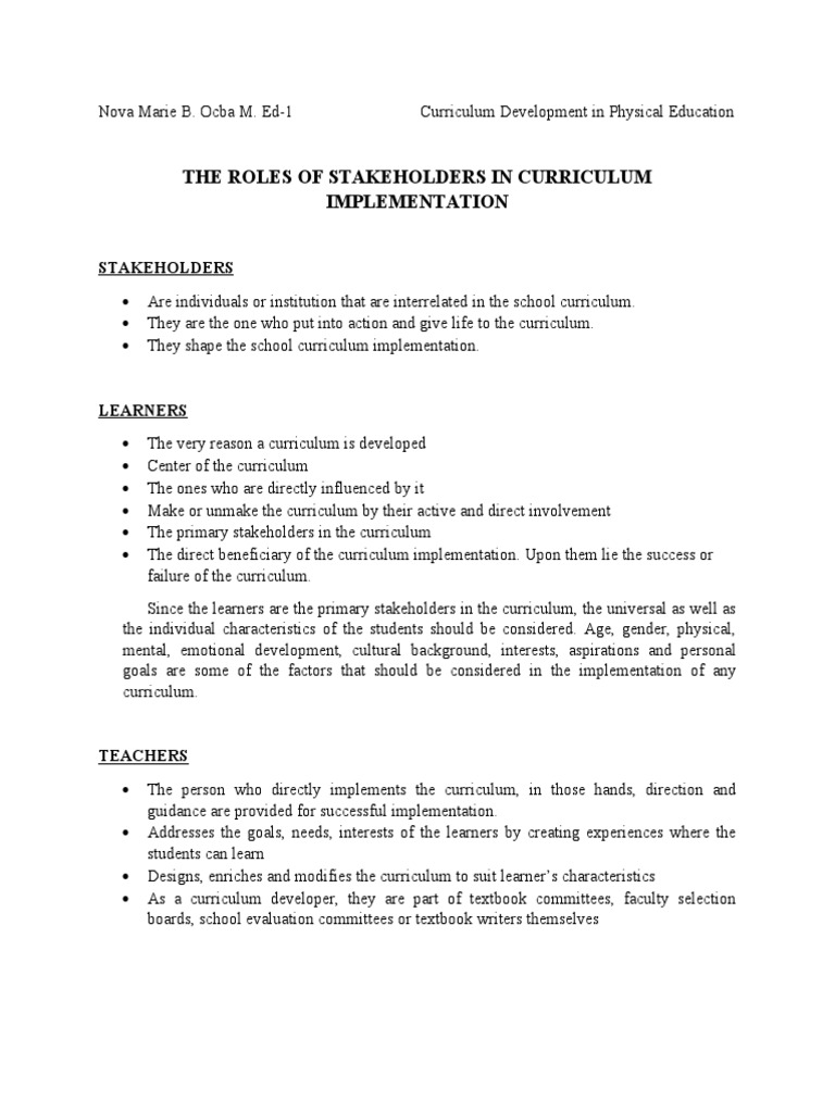 Roles of The Stakeholders in The Curriculum Implementation Written ...