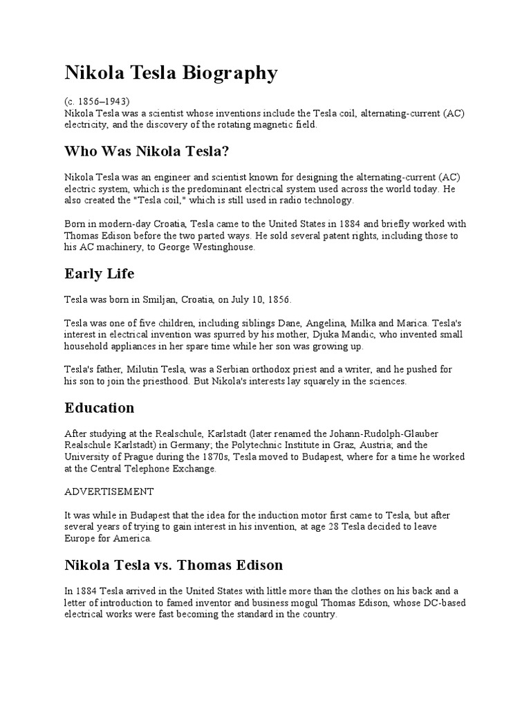 Nikola Tesla Biography | PDF | Nikola Tesla | Alternating Current