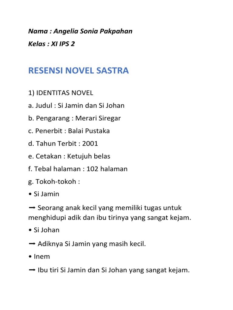Resensi Novel "Si Jamin dan Si Johan" | PDF