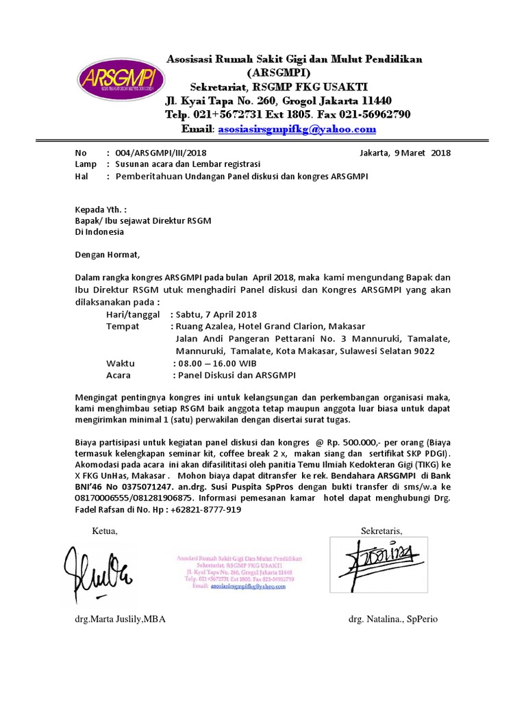 Surat Undangan Panel Diskusi Dan Kongres ARSGMPI 2018 | PDF