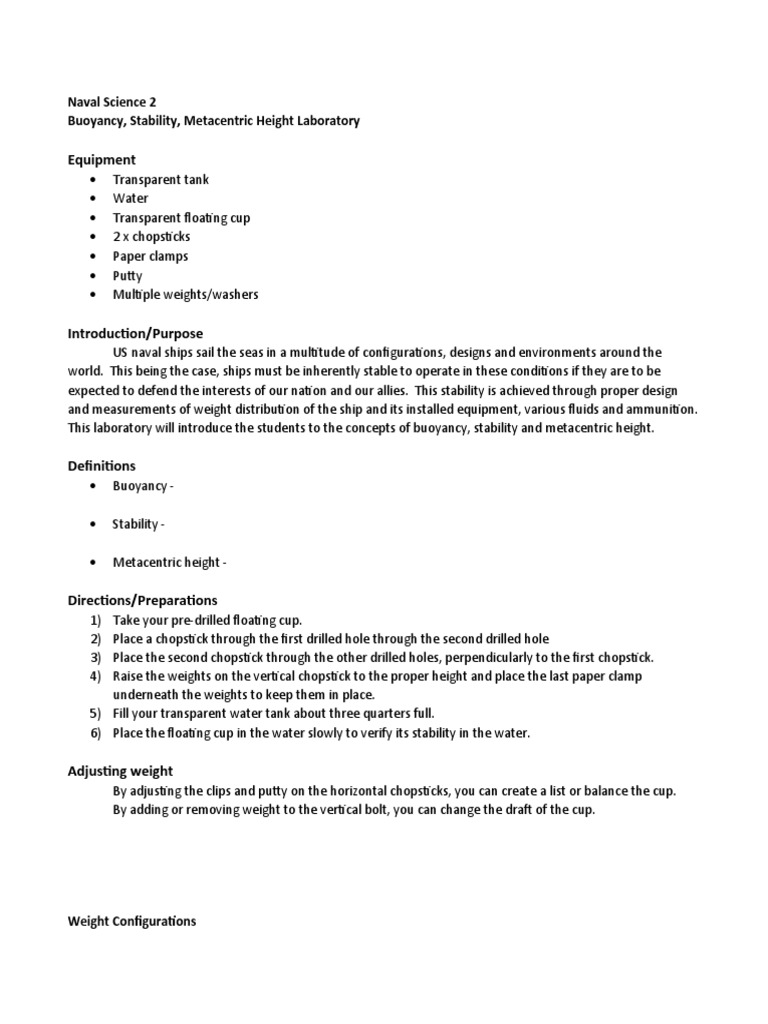 Equipment: Naval Science 2 Buoyancy, Stability, Metacentric Height ...