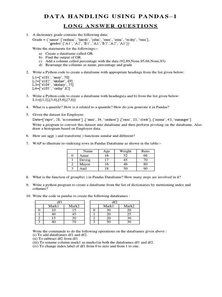 Data Handling Using Pandas 1 Long Answer Questions Pdf Computer Programming Computing 