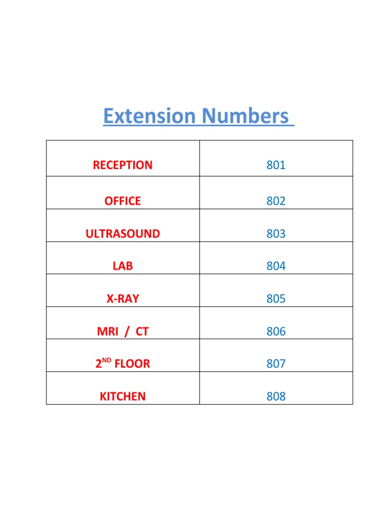 Extension Numbers: Reception Office Ultrasound LAB X-Ray Mri / CT 2 ...