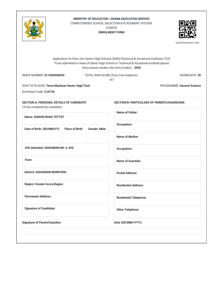 Https Usp - Cssps.gov - GH Placement Enrolmentform | PDF | Schools ...