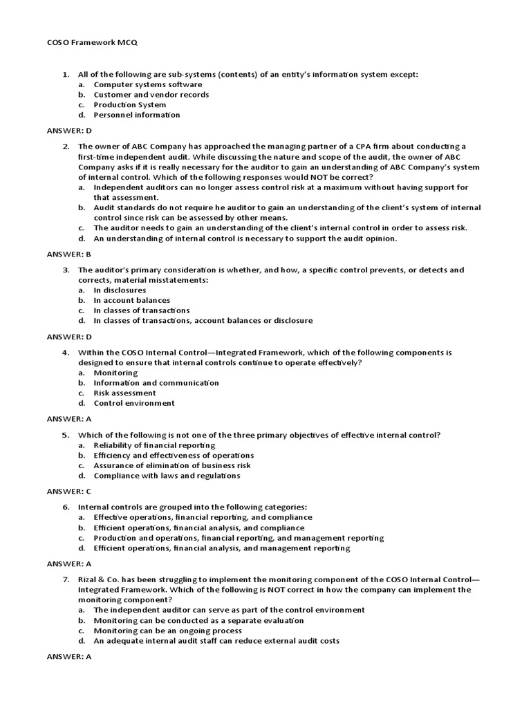 COSO Framework MCQ | PDF | Internal Control | Audit