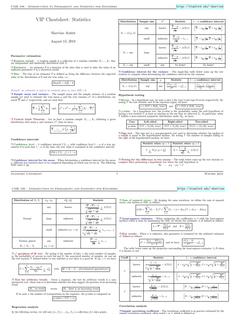 Statistics Cheatsheet | PDF