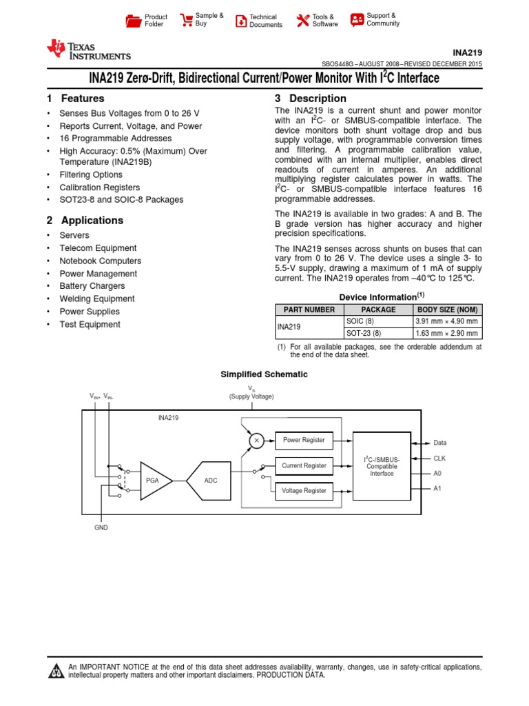 INA219 Zerø-Drift, Bidirectional Current/Power Monitor With I C ...