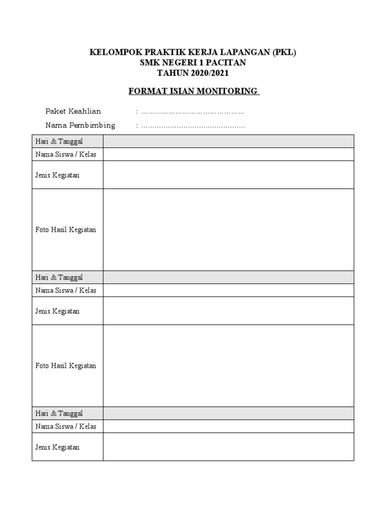 Format Monitoring PKL SMK 2020/2021 | PDF