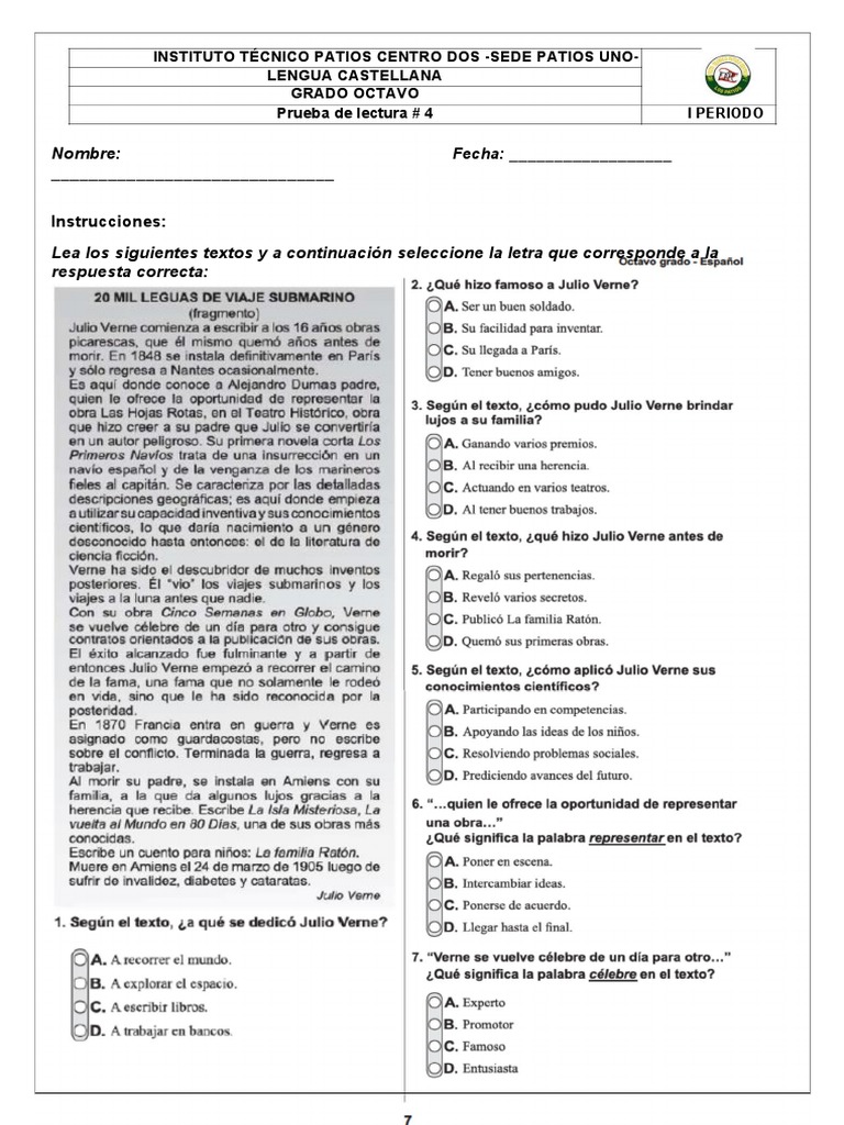 Prueba de Lectura Grado Octavo | PDF