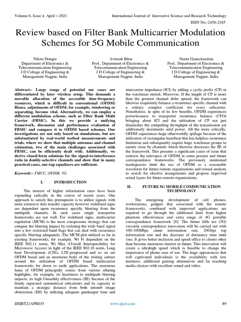 Review Based On Filter Bank Multicarrier Modulation Schemes For 5g Mobile Communication Pdf