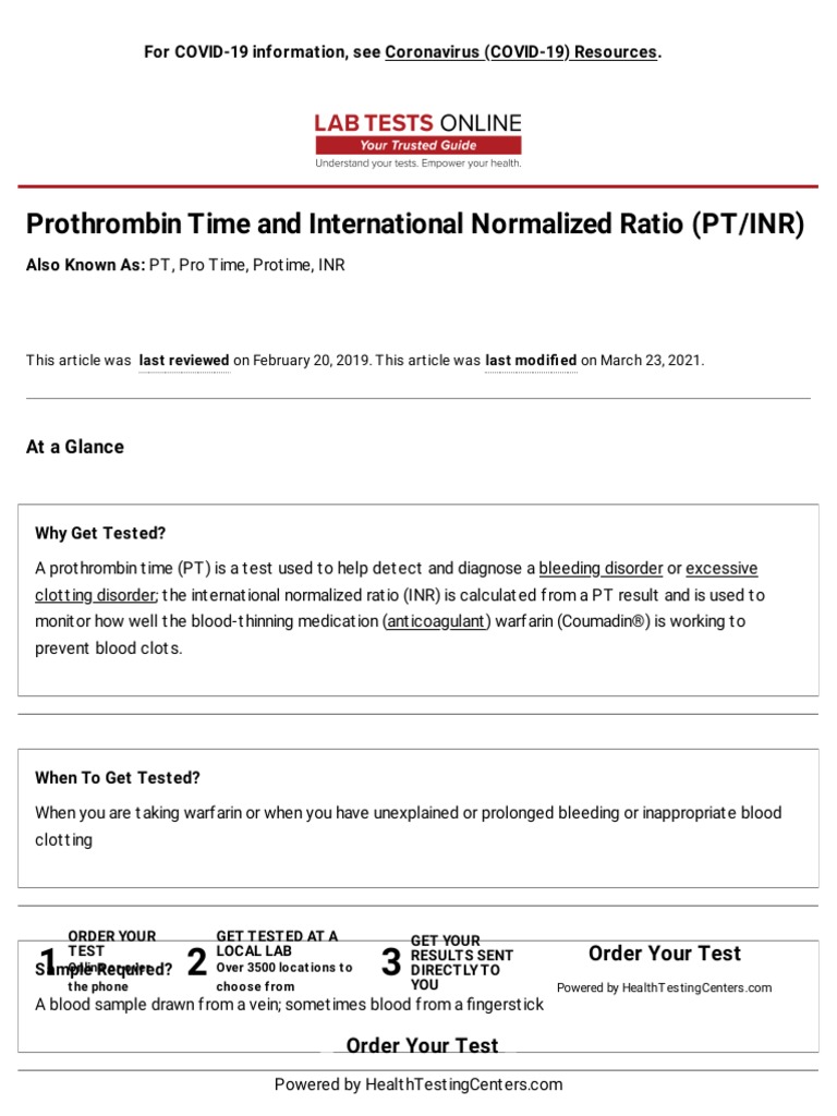 Prothrombin Time and International Normalized Ratio (PT - INR) - Lab ...