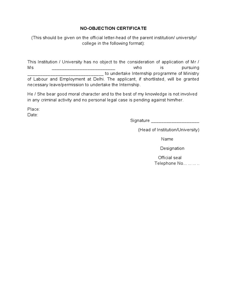 NOC for Internship at Ministry of Labour | PDF