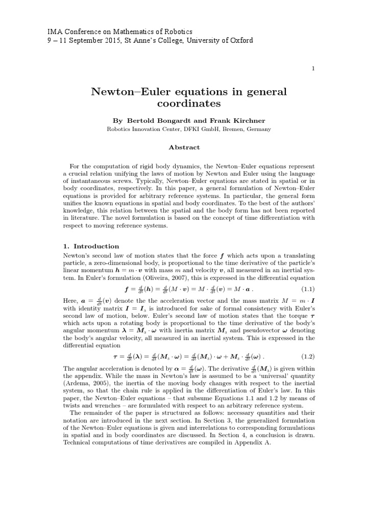 Newton-Euler Equations in General Coordinates | PDF | Newton's Laws Of ...