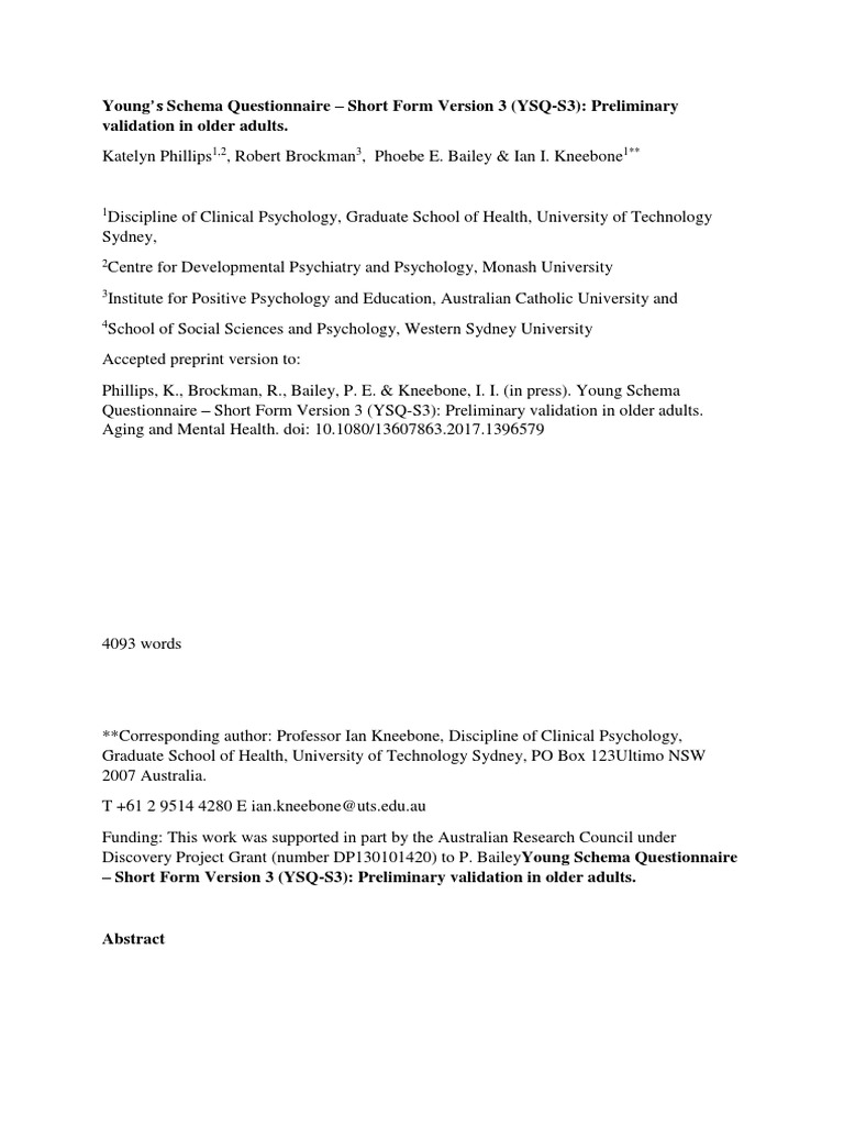 Young's Schema Questionnaire - Short Form Version 3 (YSQ-S3) : Preliminary Validation in Older ...