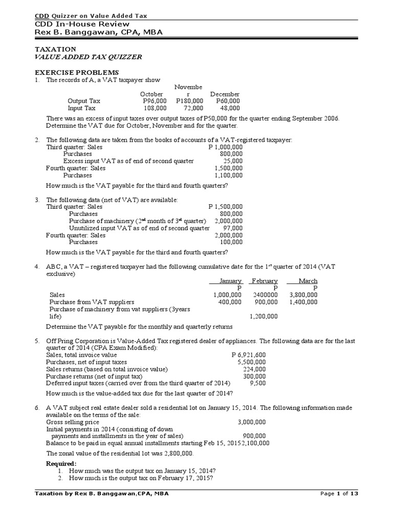 CDD Quizzer on VAT Questions | PDF | Value Added Tax | Withholding Tax