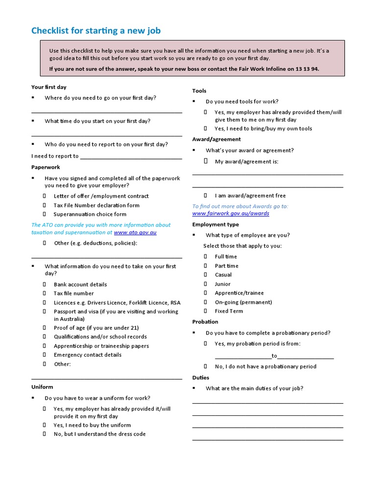 Starting A New Job Checklist | PDF | Labor | Employment