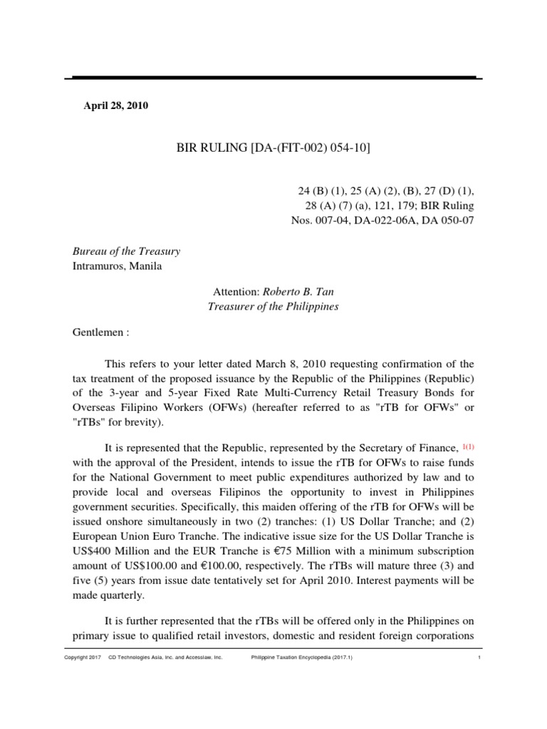 BIR Ruling (DA - (FIT-002) 054-10) - FWT, GRT and DST On Treasury Bonds ...