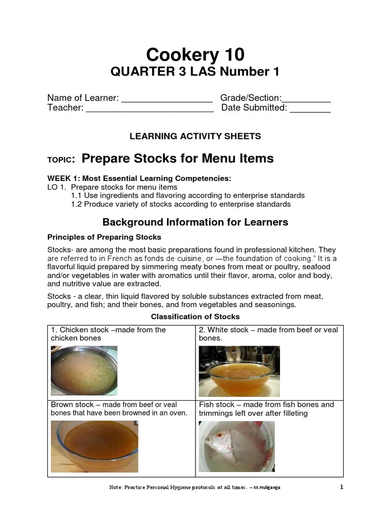 COOKERY 10 Quarter 3 LAS Number 1 | PDF | Stock (Food) | Cooking