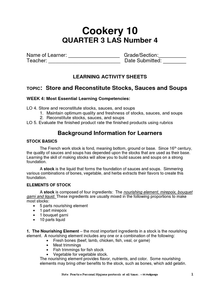 COOKERY 10 Quarter 3 LAS Number 4 | PDF | Stock (Food) | Cooking