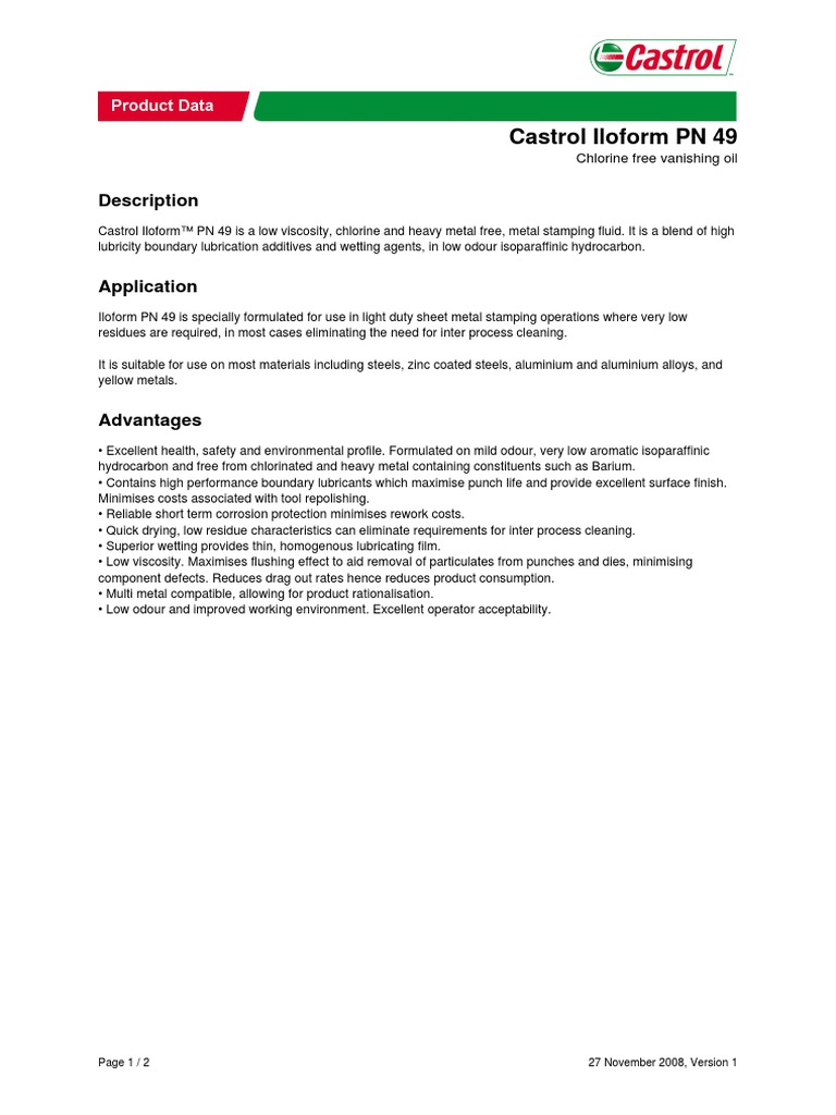 Castrol Iloform PN 49: Description | PDF | Lubricant | Metals