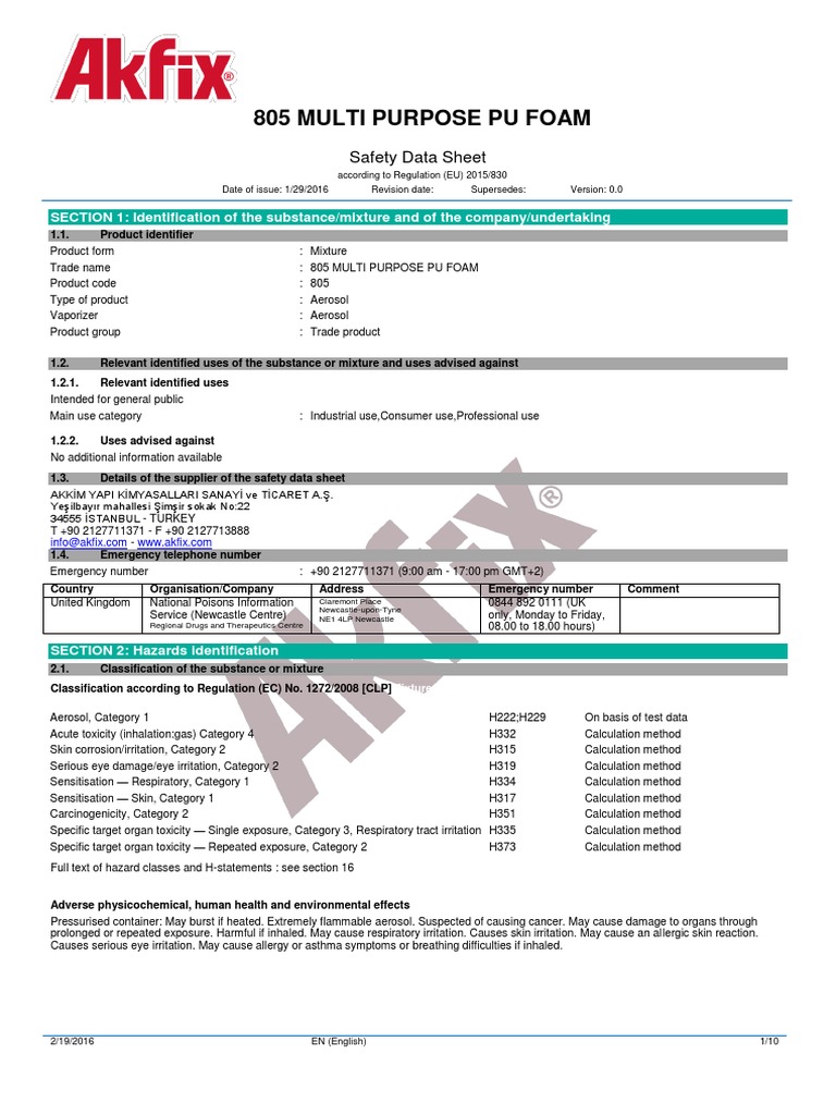 805 Multi Purpose Pu Foam: Safety Data Sheet | PDF | Dangerous Goods ...