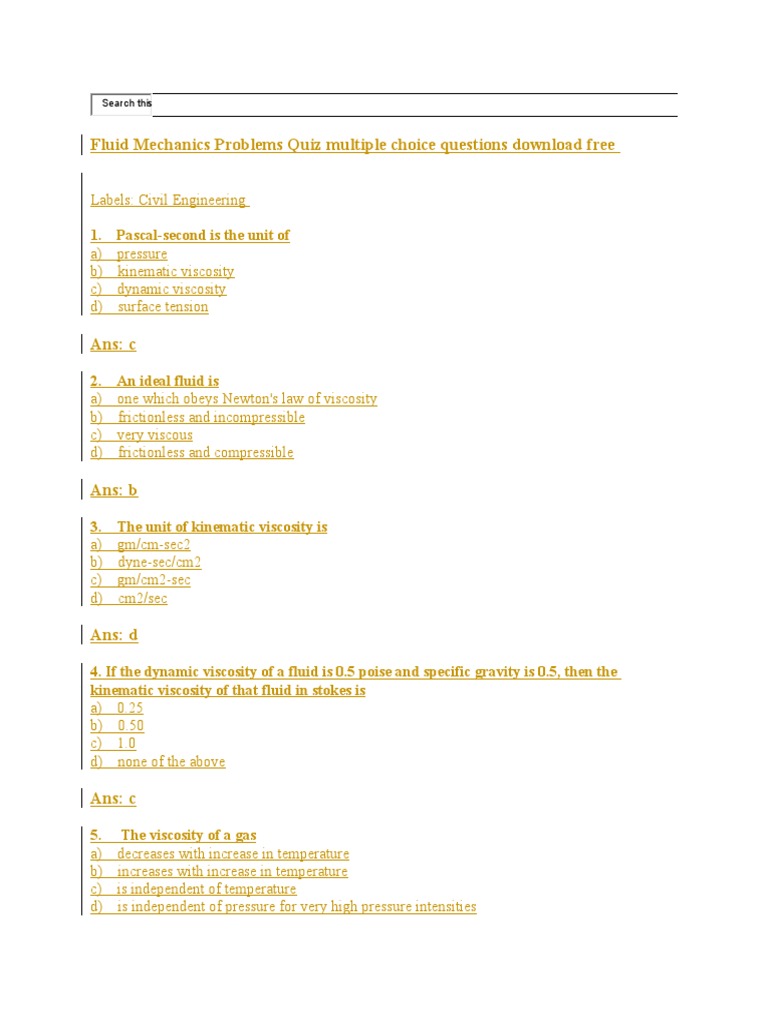 Fluid Mechanics Problems Quiz Multiple Choice Questions Download Free ...