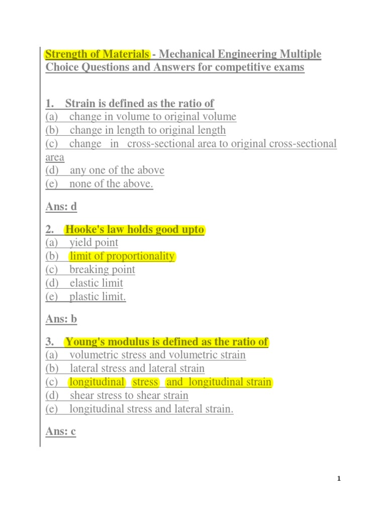 Strength Of Materials Mechanical Engineering Multiple Choice