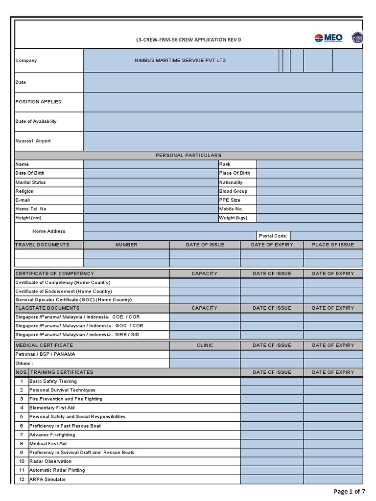 Crew Application Form - Nimbus Maritime | PDF | Water Transport ...
