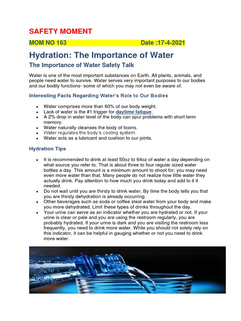 Hydration: The Importance of Water: Safety Moment | PDF