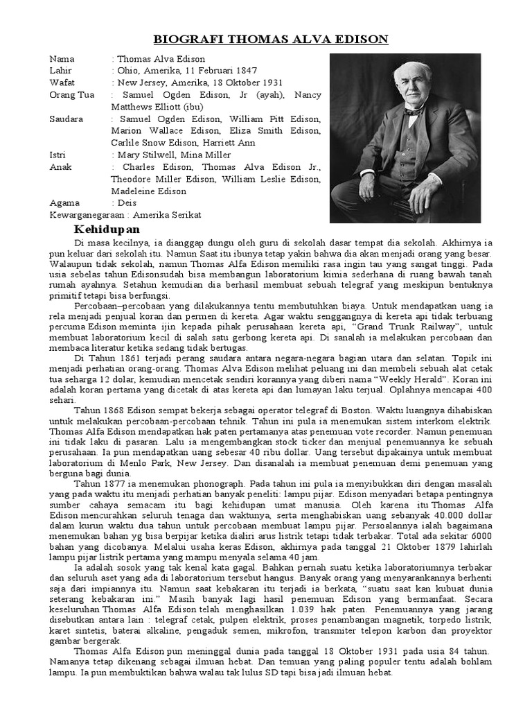 Biografi Thomas Alva Edison | PDF