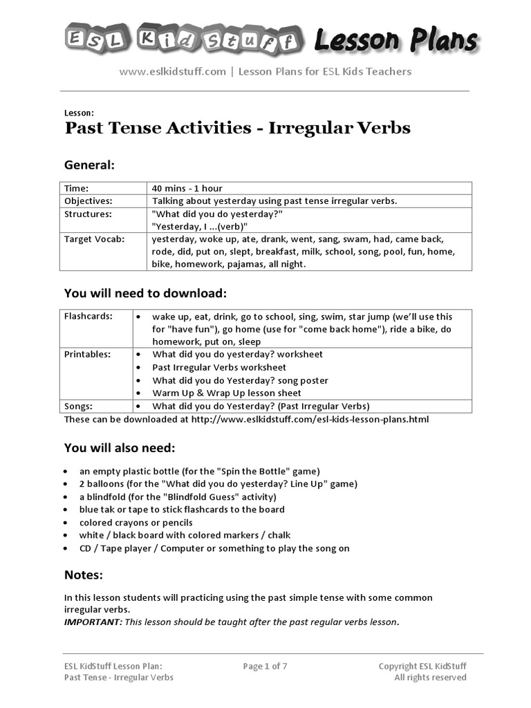 Past Tense Irregular Verbs Lesson Plan | PDF | English Language ...