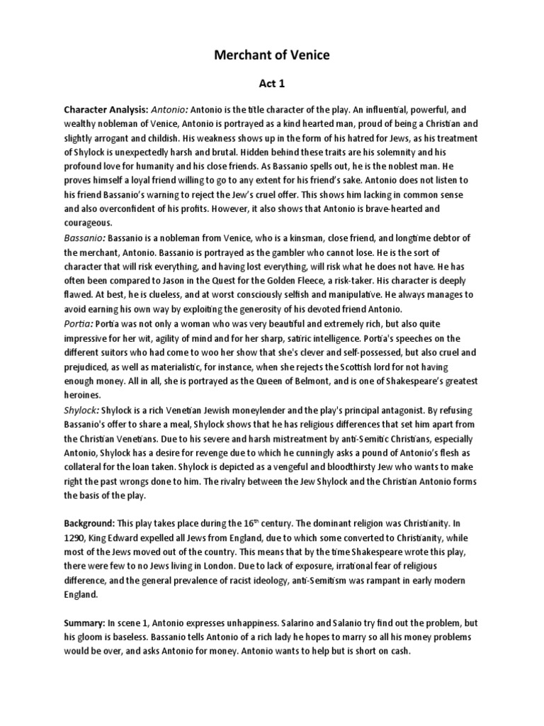 Merchant of Venice Alternate Ending and Character Analysis ACT 1 | PDF ...