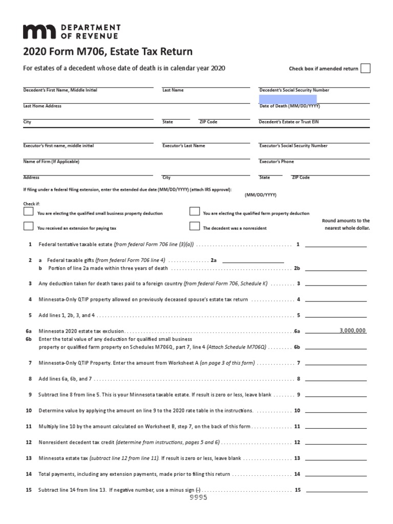 2020 Form M706, Estate Tax Return: For Estates of A Decedent Whose Date ...
