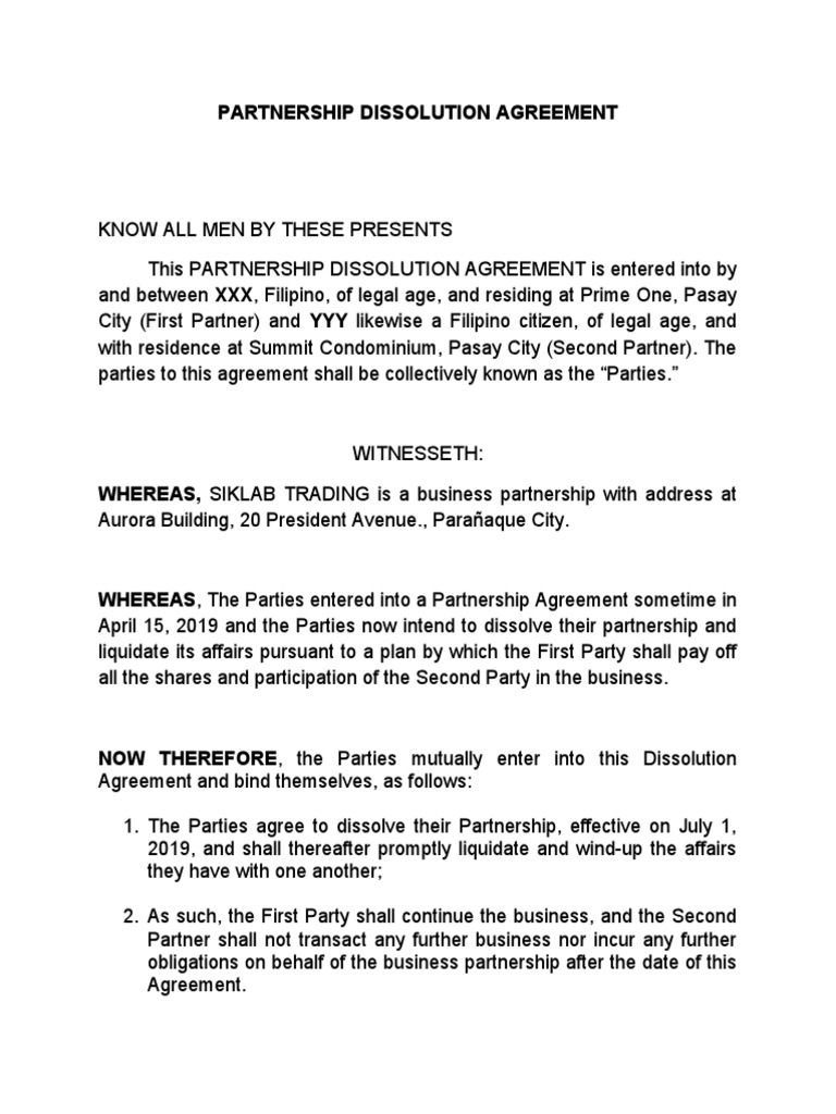 Partnership Dissolution Agreement Template | PDF | Partnership | Law ...