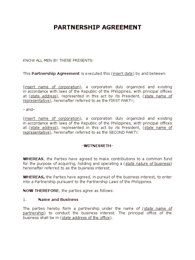 Partnership Agreement: - Witnesseth-WHEREAS, The Parties Have Agreed To ...