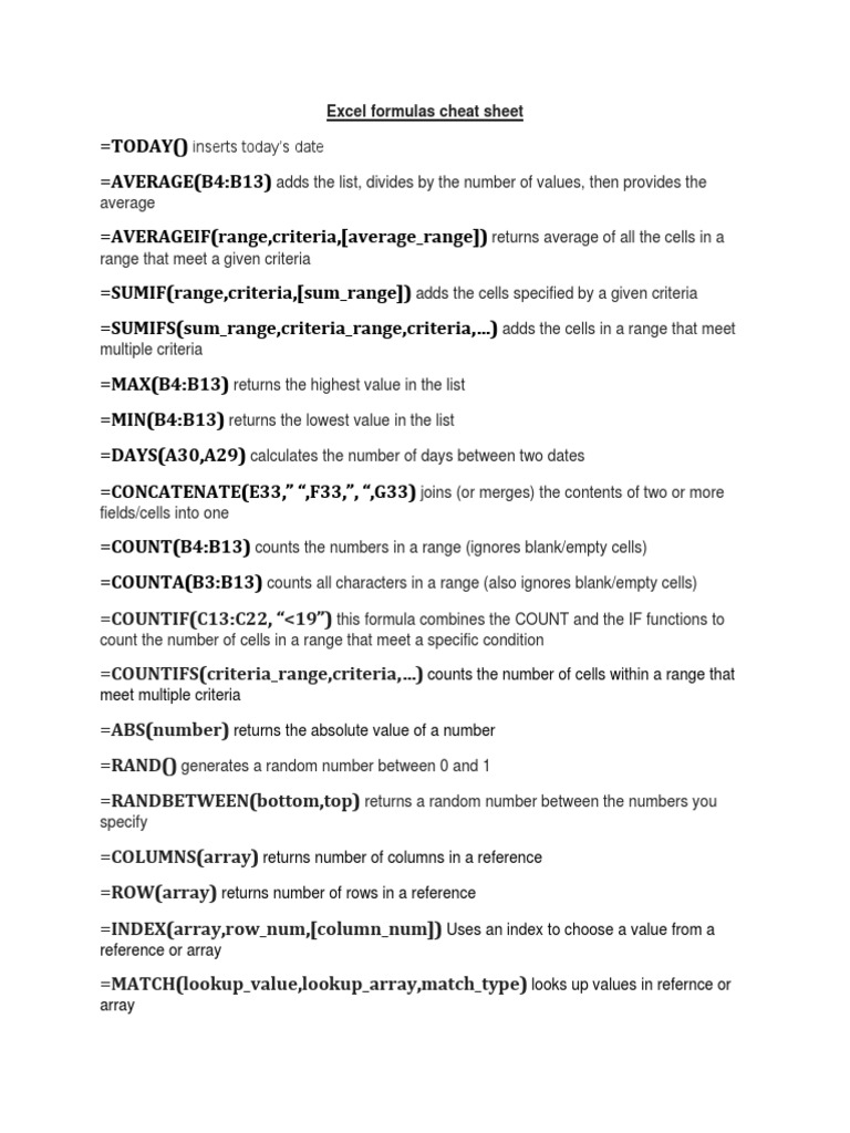 Excel Formulas Cheat Sheet | PDF