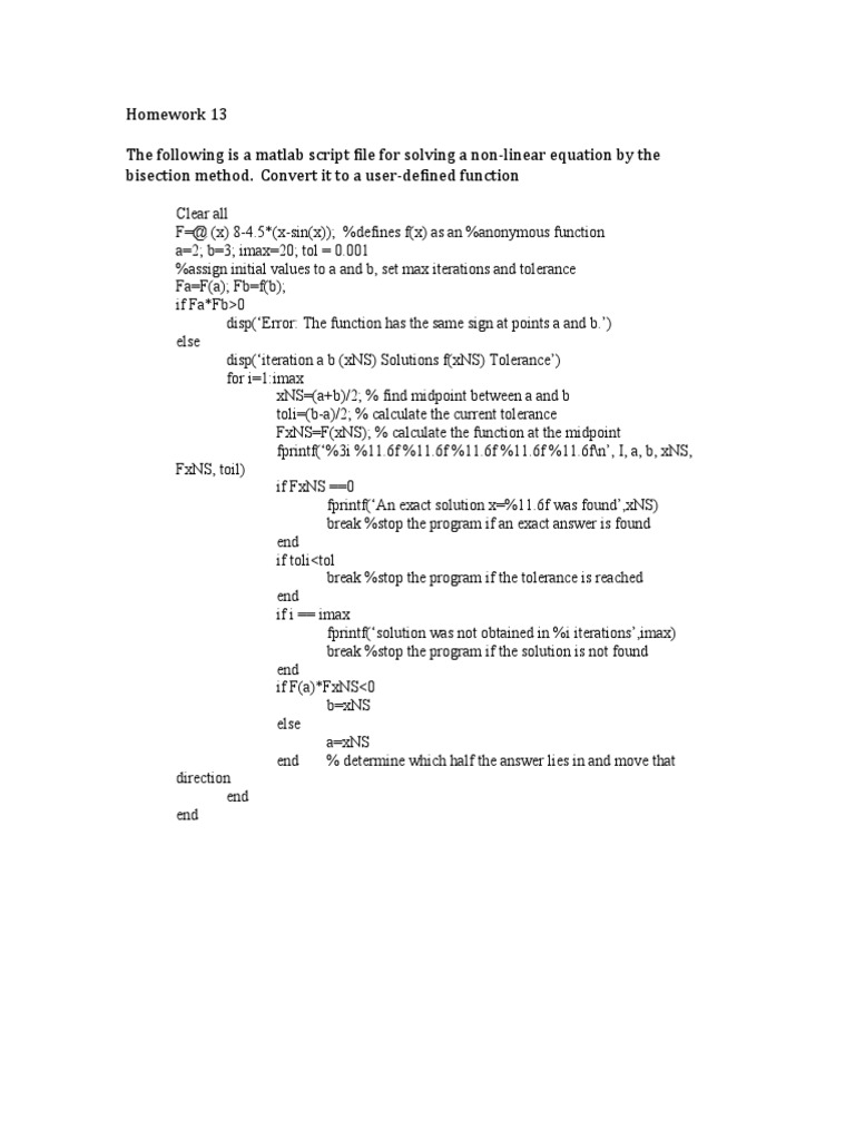 Homework 13 The Following Is A Matlab Script File For Solving A Non ...