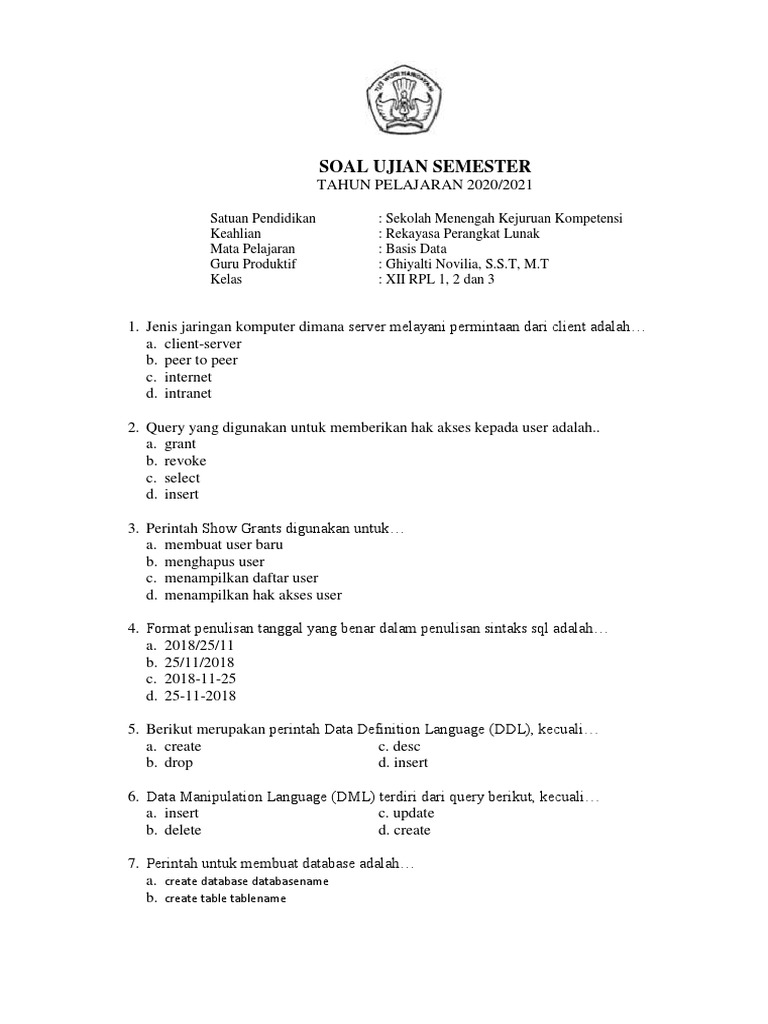 USG 2020 Kelas XII RPL | PDF