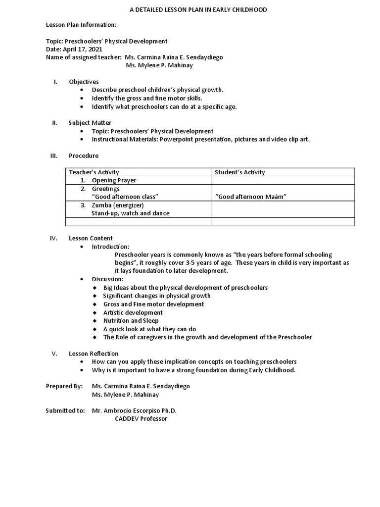 A Detailed Lesson Plan in Early Childhood | PDF