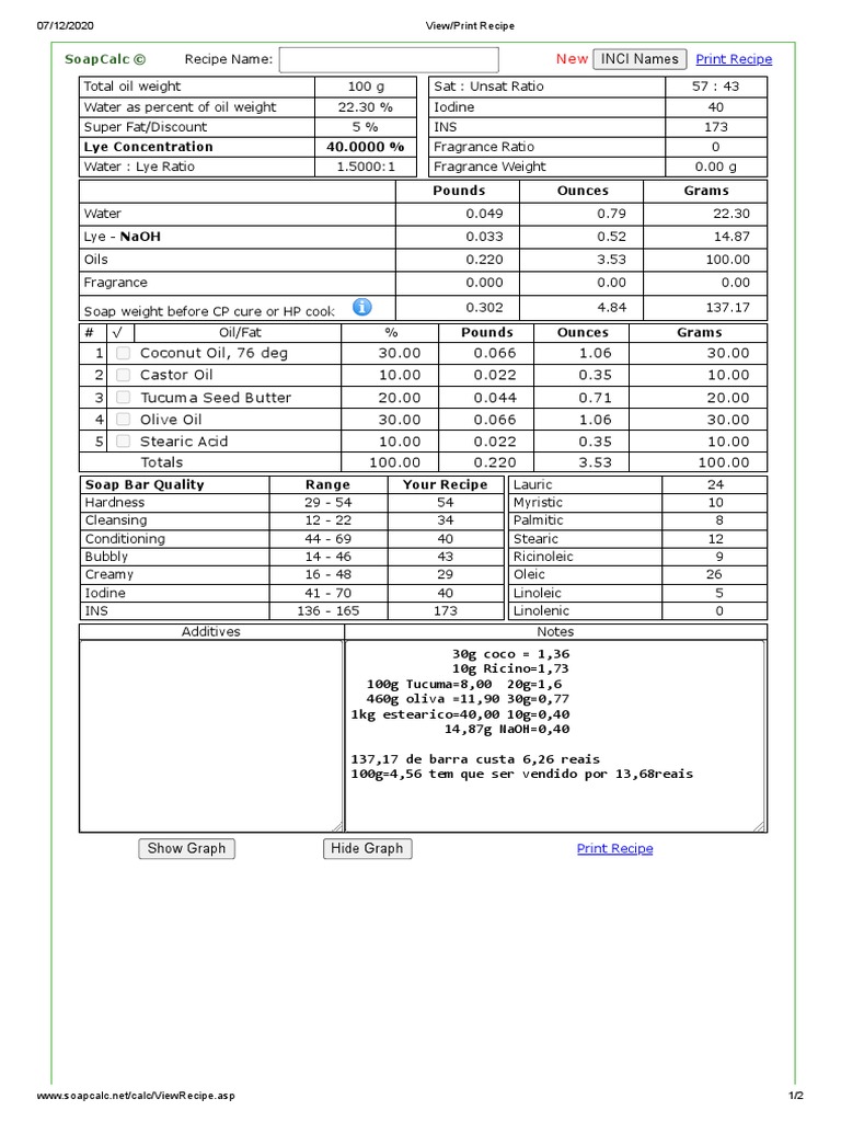 Lye Concentration 40.0000 %: Soapcalc © | PDF | Chemical Compounds ...