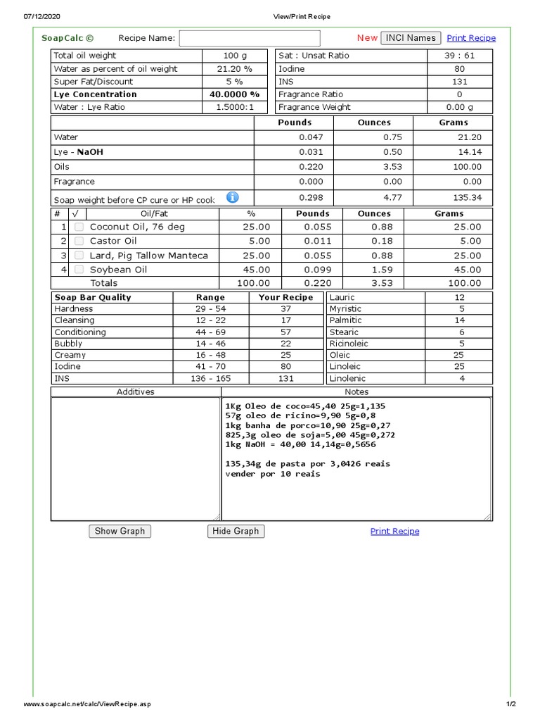Lye Concentration 40.0000 %: Soapcalc © | PDF | Oils | Chemical Compounds