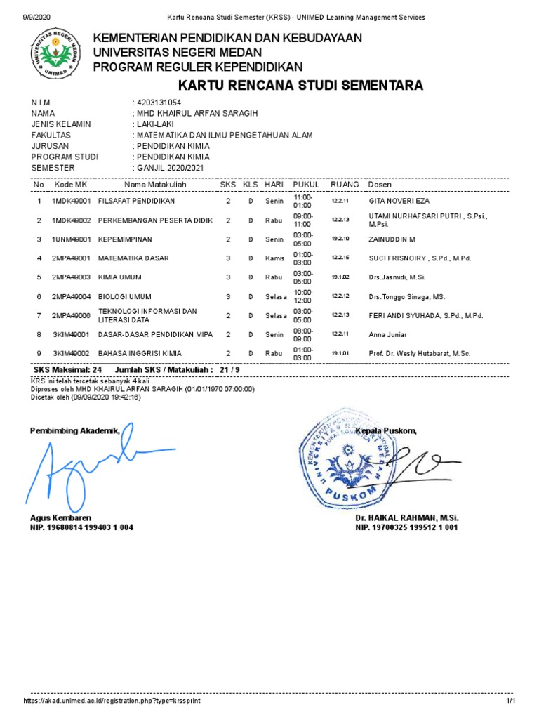 Kartu Rencana Studi Semester UNIMED | PDF