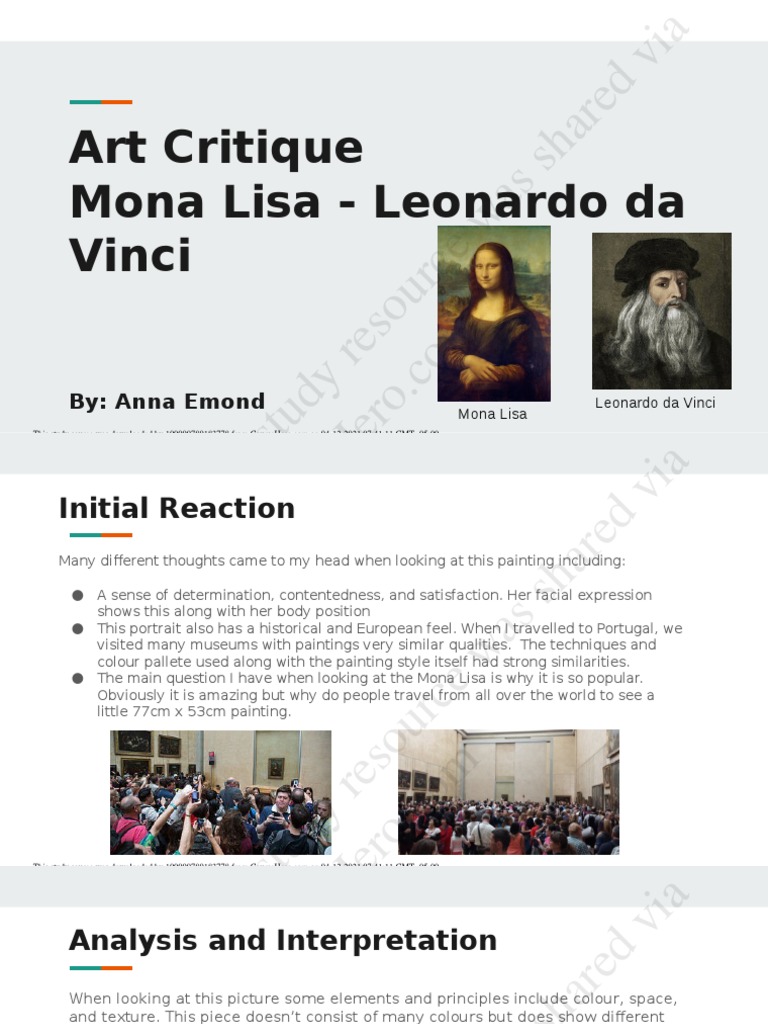 Art Critique Mona Lisa - Leonardo Da Vinci: This Study Resource Was ...