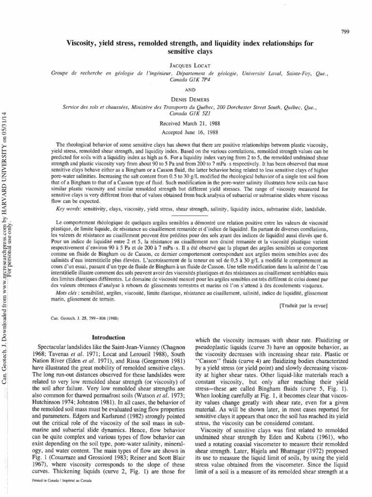 Viscosity and strength relationships for sensitive clays | PDF | Shear Stress | Viscosity